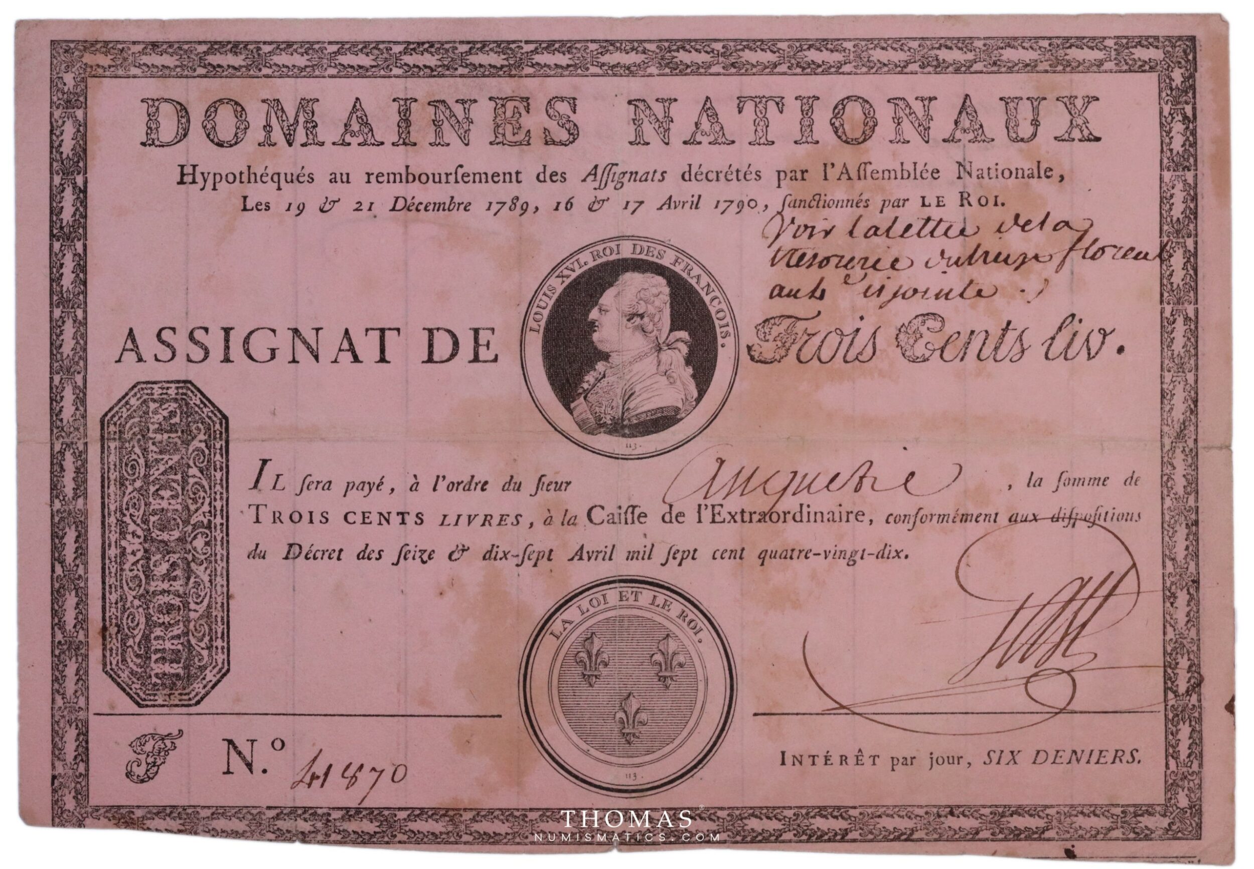 Louis XVI - Révolution - Assignat 300 Livres Rose | Thomas Numismatics