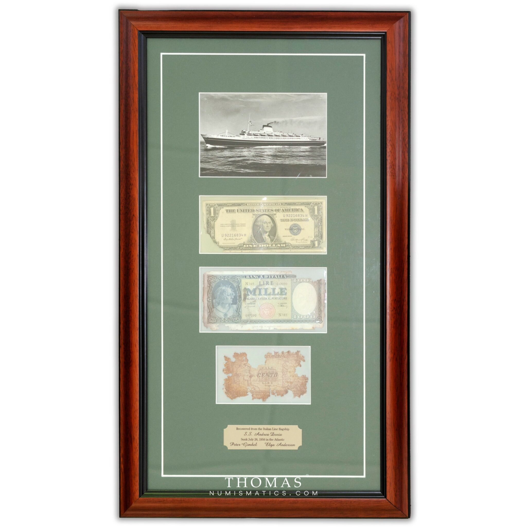 Framed set of three Andrea Doria banknotes - shipwreck SS Andrea Doria ...